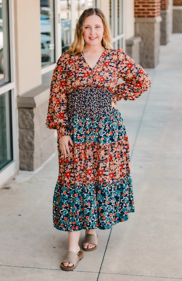 Turning Heads Fall Midi Dress in Navy Mix - Allure Clothing Boutique