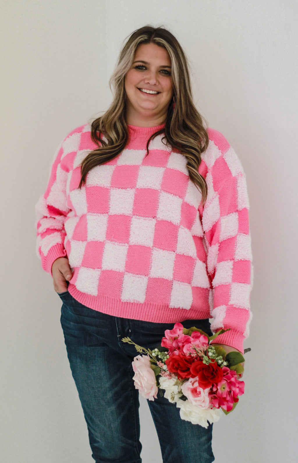 Feeling Loved Pink on Pink Check Print Sweater – Allure Clothing Boutique