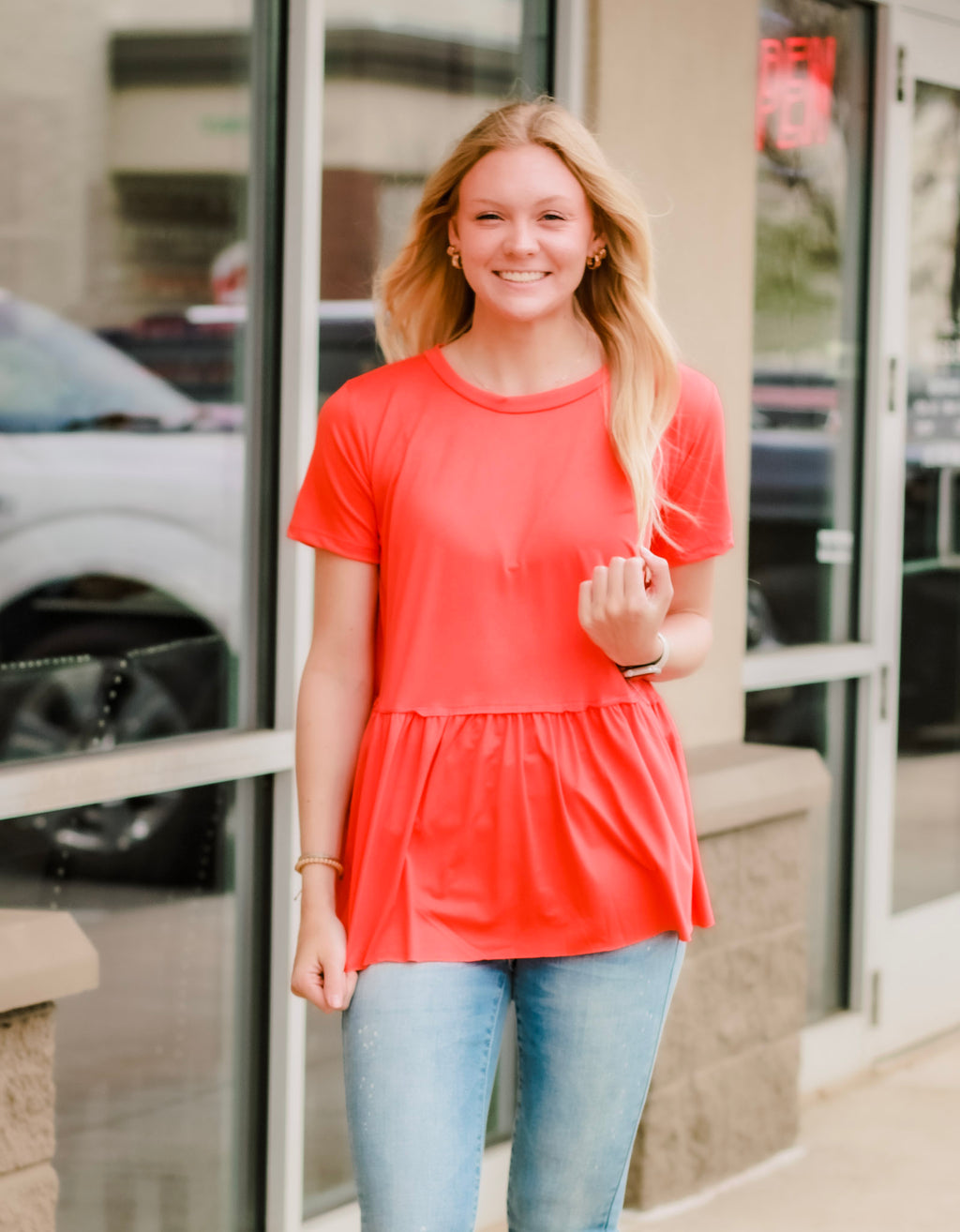 Pep in My Step Peplum in Hot Coral – Allure Clothing Boutique